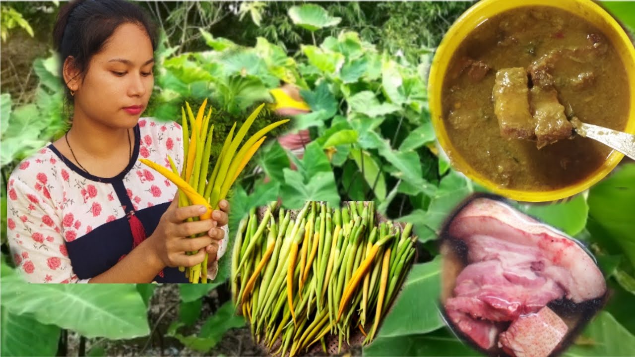 collecting wild taro flower and cooking || village style pork and taro ...