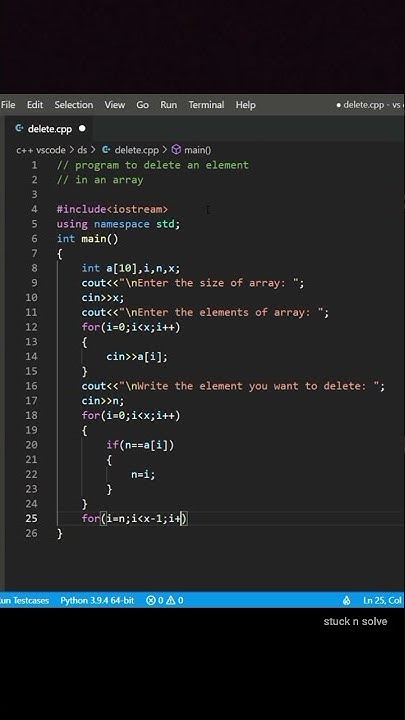 C Program To Delete An Element In An Array C Shorts Cpp Code Youtube