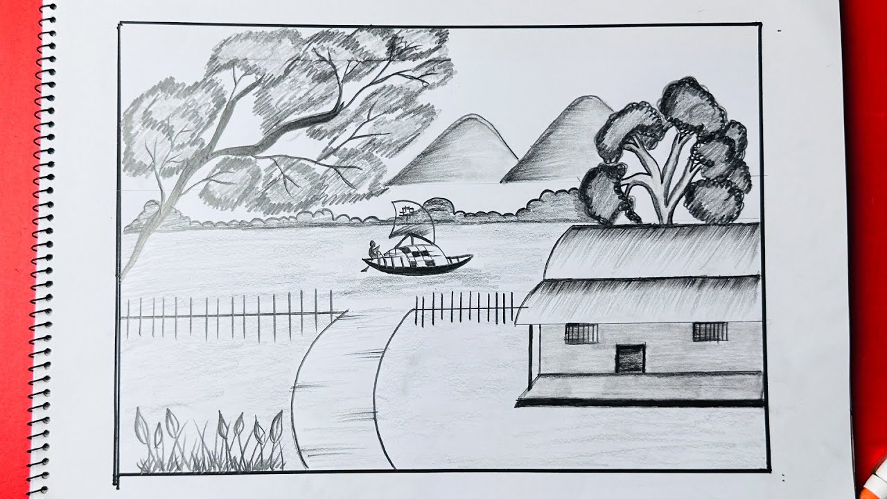 Village Scenery Drawing With Pencil | Gramer Drisso Akano | গ্রামের ...