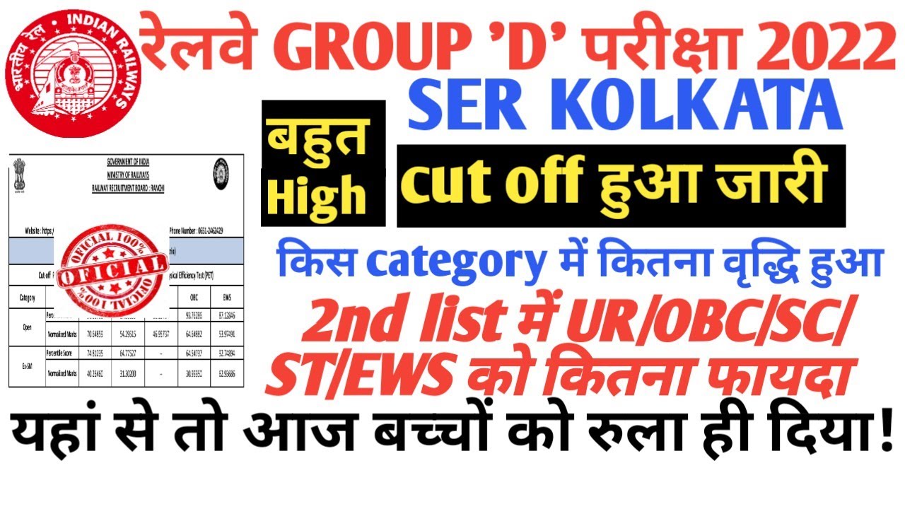 SER Kolkata Cut off जारी/किस category में कितना marks बढ़ा/New DV list published - YouTube