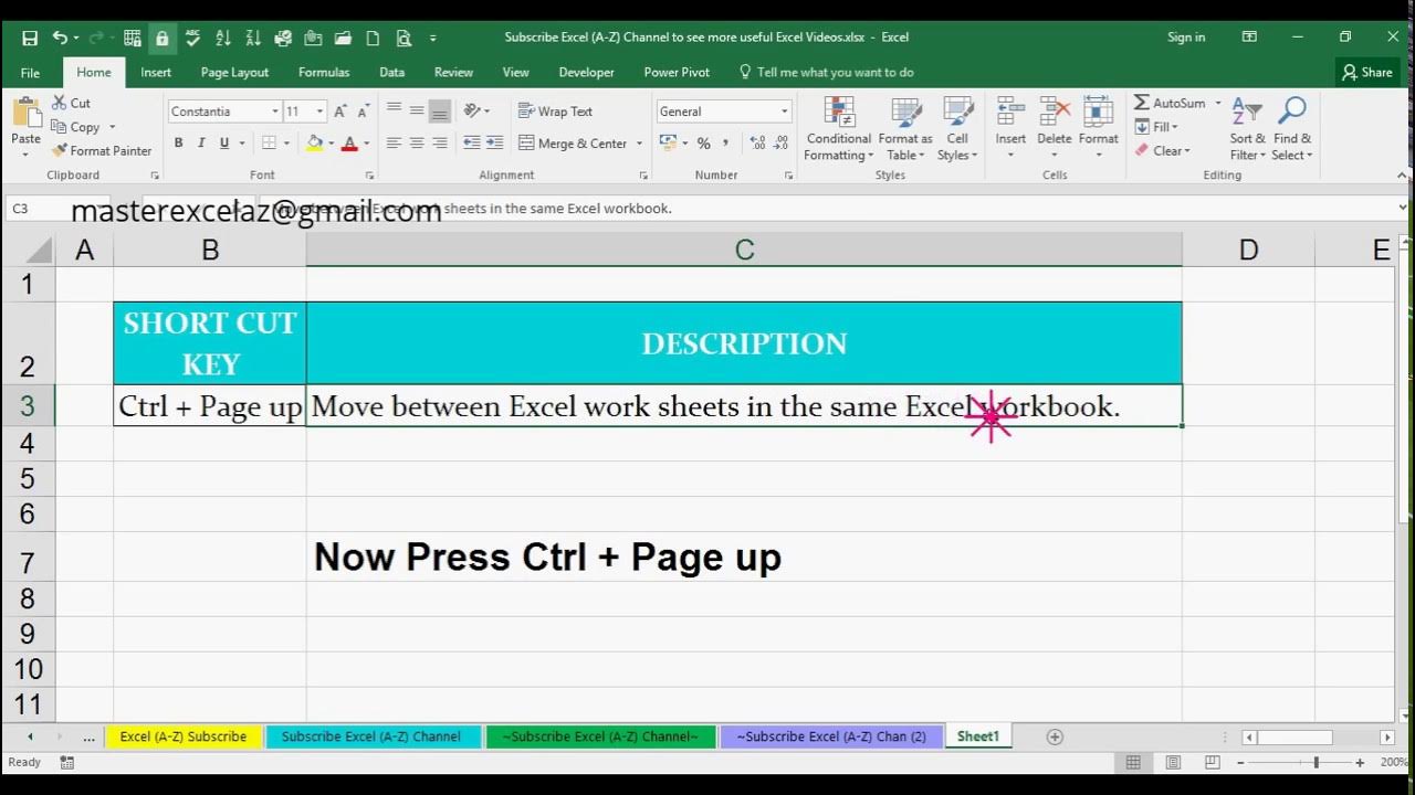 Ctrl + PageUp Shortcut Key with Example in MS Excel Spreadsheet 2016 - YouTube