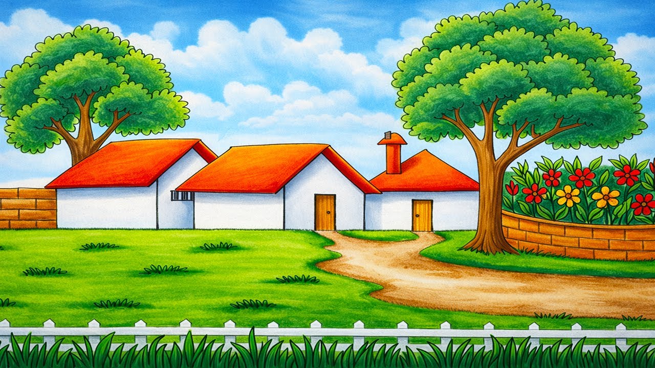 How to Draw a Beautiful Village Scenery Step by Step | Easy Countryside ...