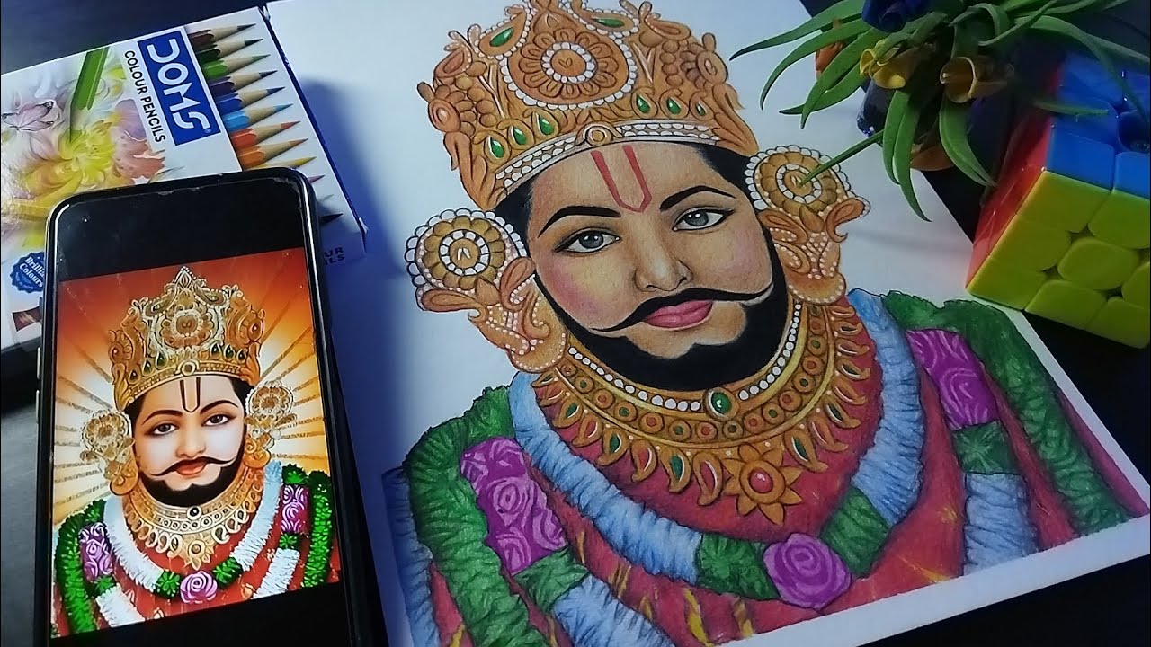 Drawing khatu shyam ji | with cheapest coloured pencil | Step by Step ...