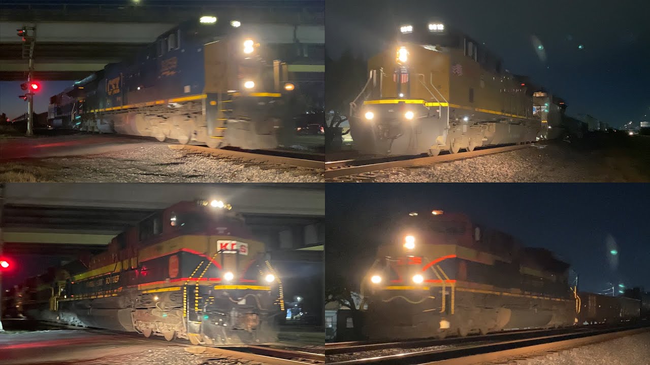 Nighttime trains in Houston ft D9 rebuild w/ K5HL, CSX Leader, KCS AC44 ...