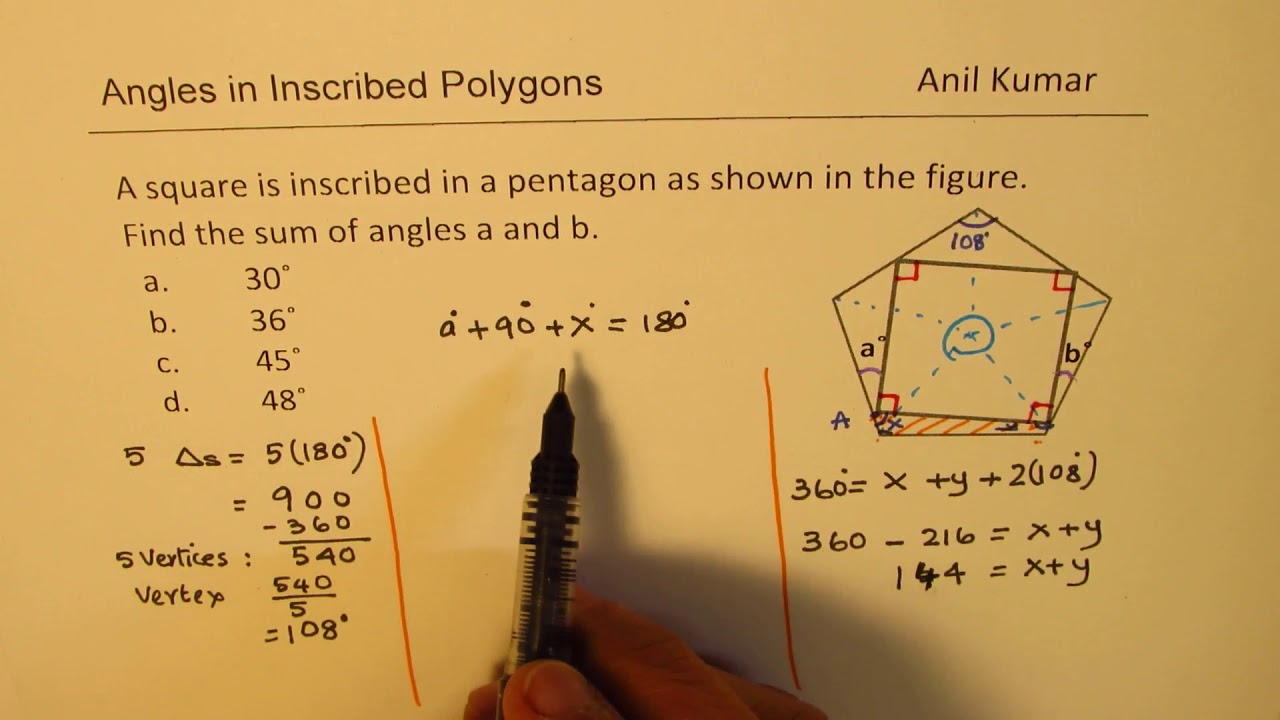 Square is inscribed in regular pentagon find sum of inclined angles in ...