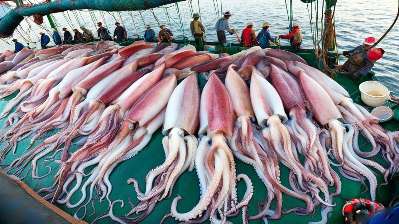Hundreds of tons of giant squid caught on board, fishermen's secret to ...