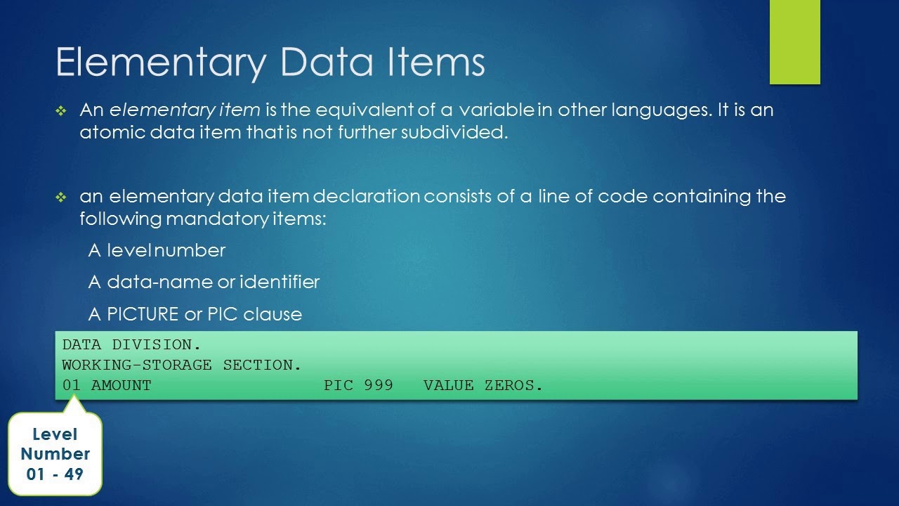 Data Items Or Variables In Cobol Youtube