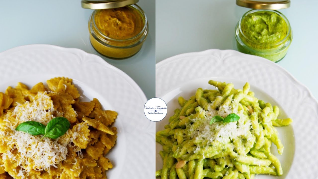 Salse per la pasta: peperoni; zucchine e basilico.Two pasta sauces ...