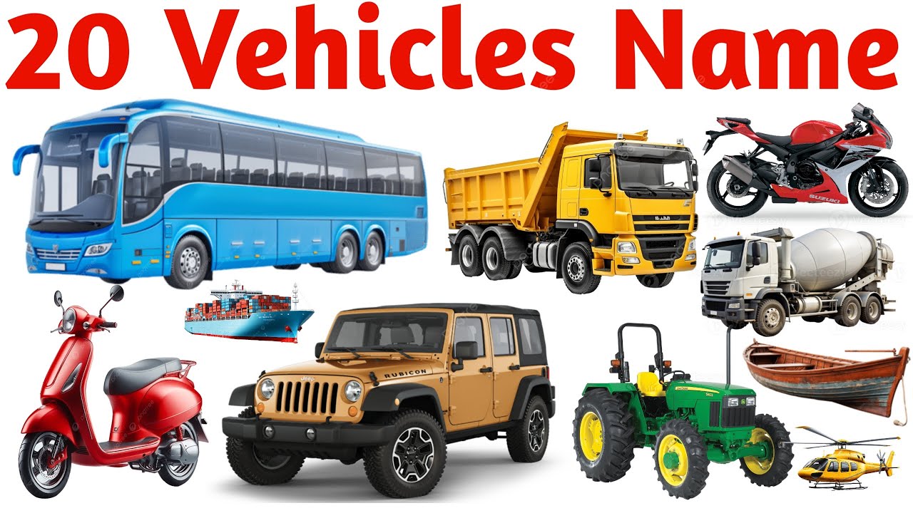 20 वाहन के नाम | 20 Vehicle Names for Kids Learning Video ...