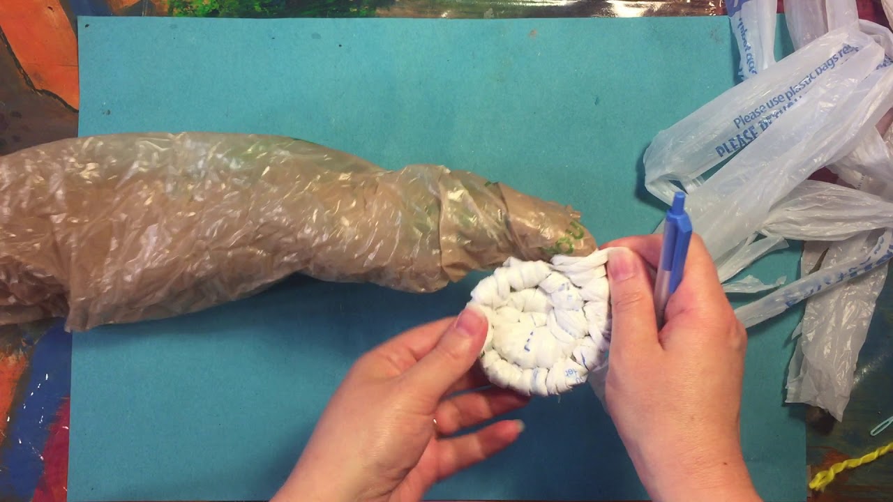 K 6th Grade Coil Basket Weaving with Plastic Bags 2 Adding More Bags ...