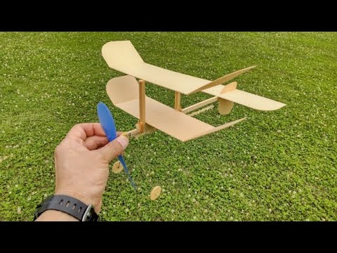 Rubber powered model biplane - YouTube