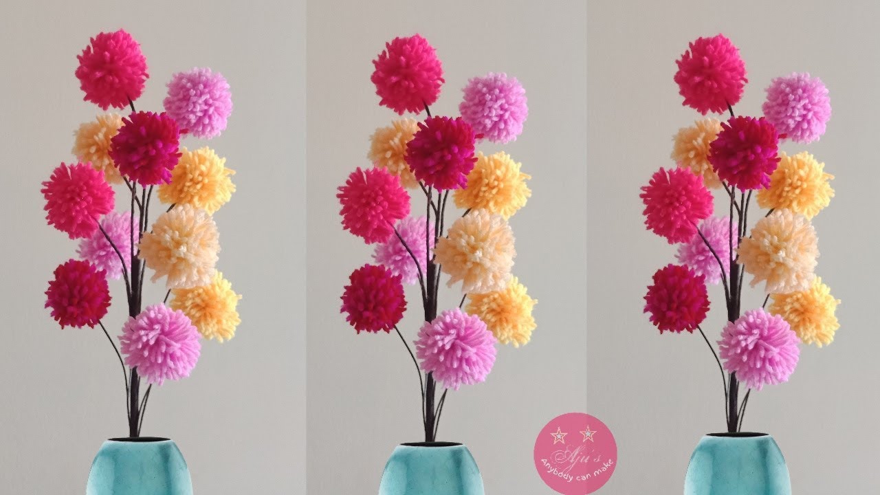 EASY WOOLEN/Yarn CRAFT | POMPOM FLOWER HOME DECOR | MULTI COLOURED ...