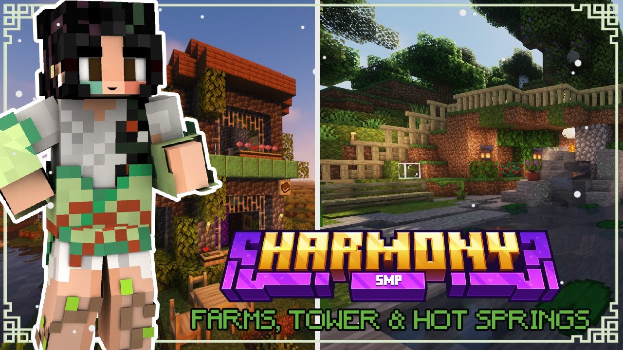 Riverville, Enchantment tower & Hot springs 🏯 Minecraft | Harmony SMP ...
