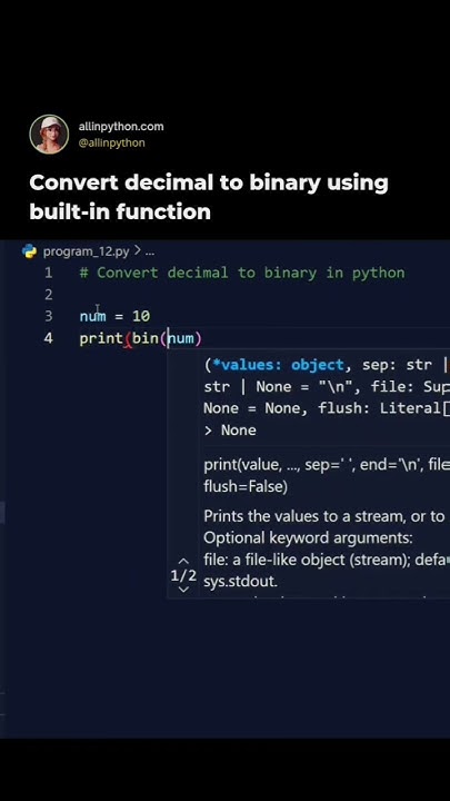 Convert Decimal To Binary In Python Using Built In Function Pythontricks Coding Shorts Youtube