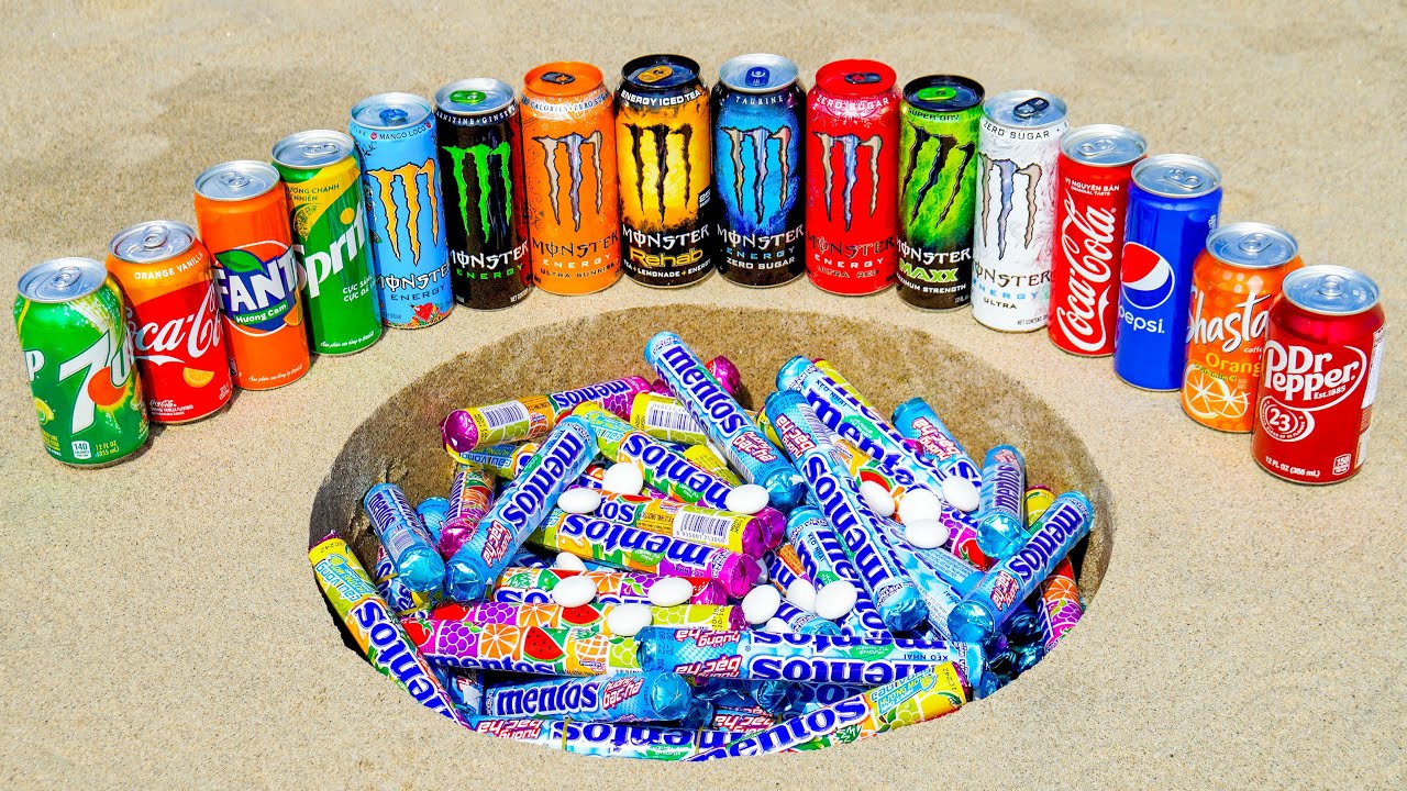 Mentos Underground VS Different Monster Cans and Coca Cola, Pepsi ...