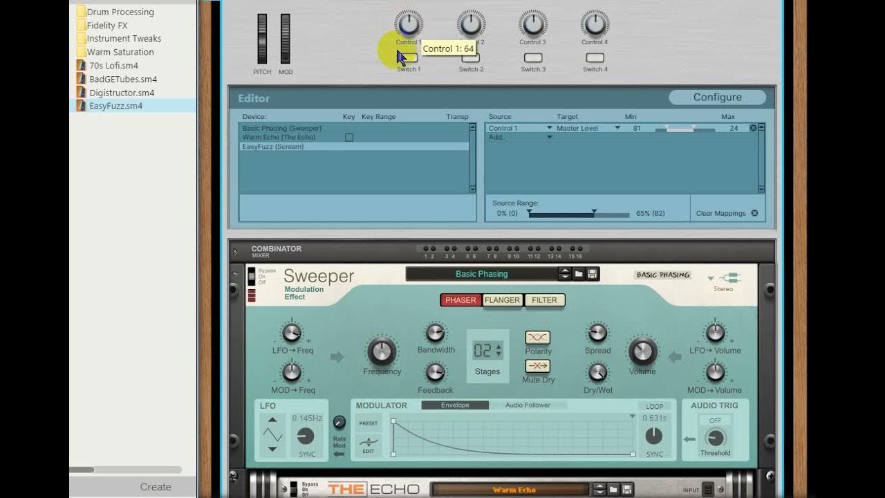 Reason Studios route one Combinator knob to multiple knobs - YouTube