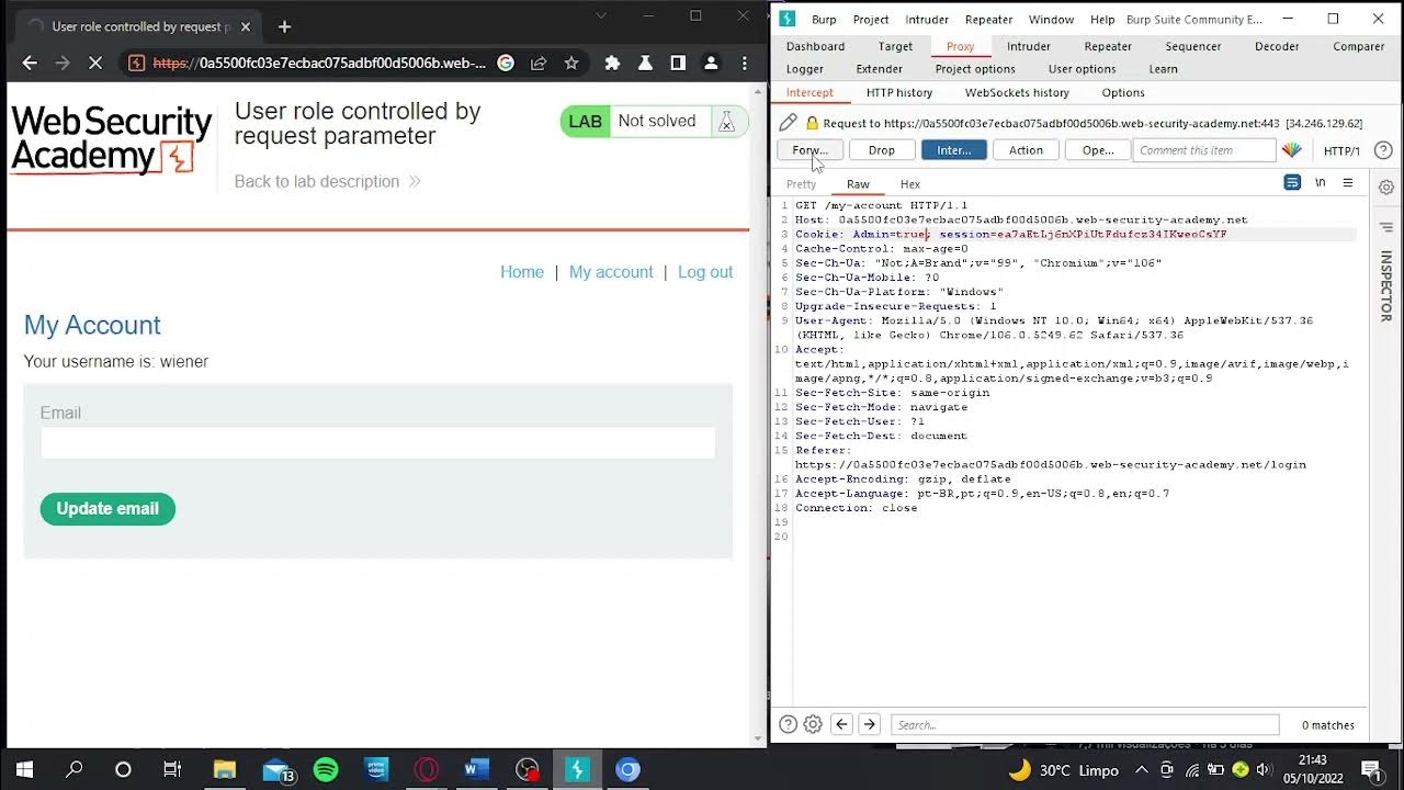 Postwigger lab: User role controlled by request parameter - YouTube