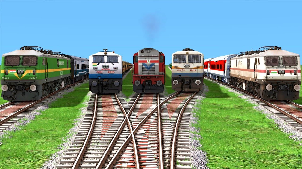 5 TRAINS RUNNING AT BRANCHED FORKED RAILROAD CROSSING | Bumpy Railroad ...