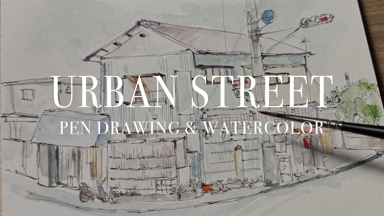 Urban street pen drawing and watercolor painting - street in japan ...