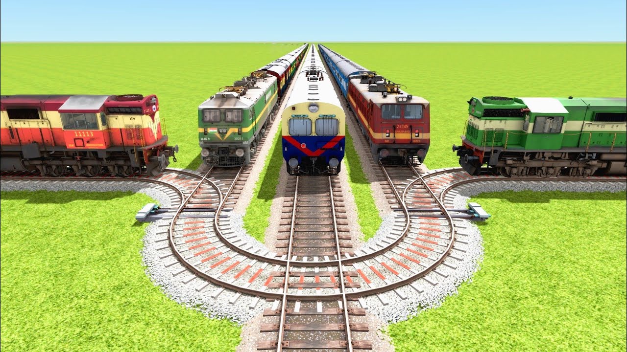 FOUR TRAINS MOST ROUNDED CROSS AT SHARP BEND SAME LINE RAILWAY TRACKS🔺Train Simulator ...