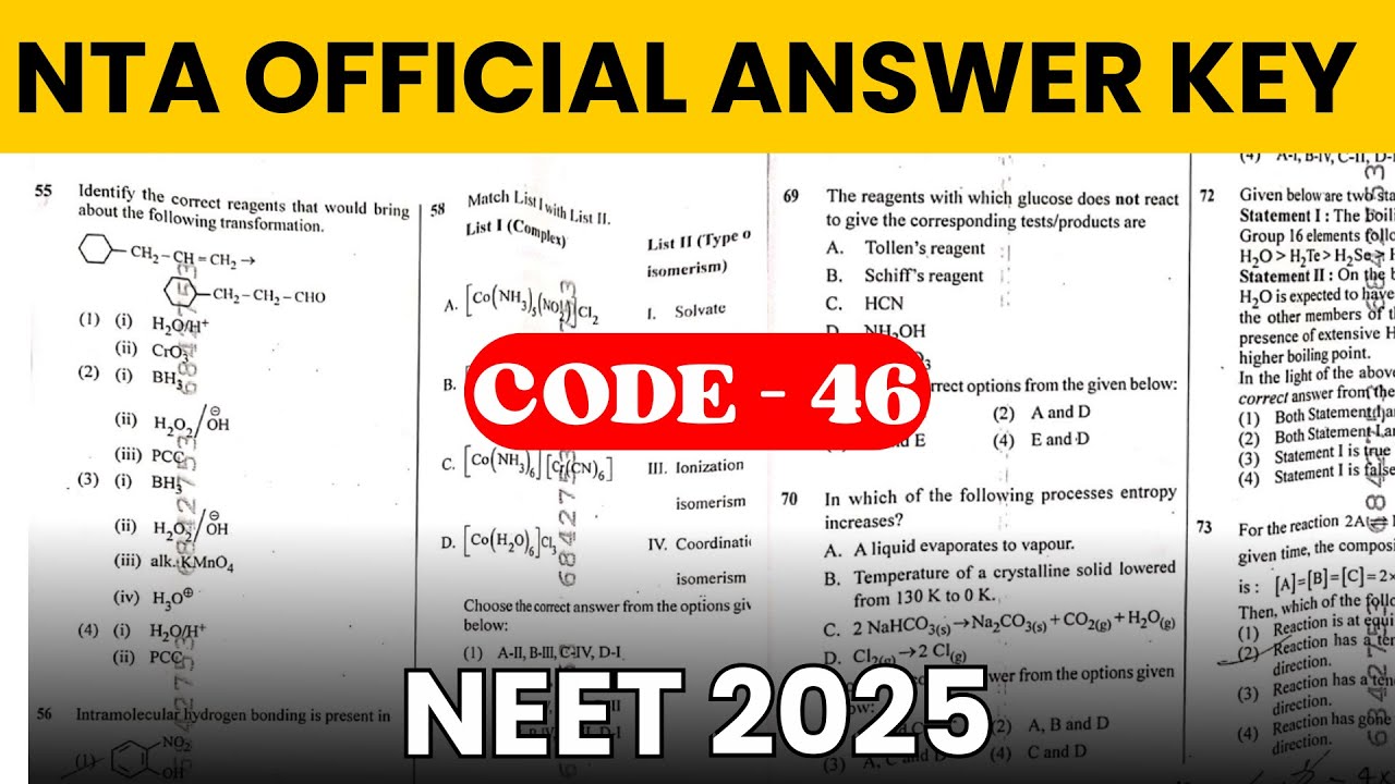NTA Neet 2025 Official answer key 🚀 | Code 46🔐 | Neet 2025 question ...