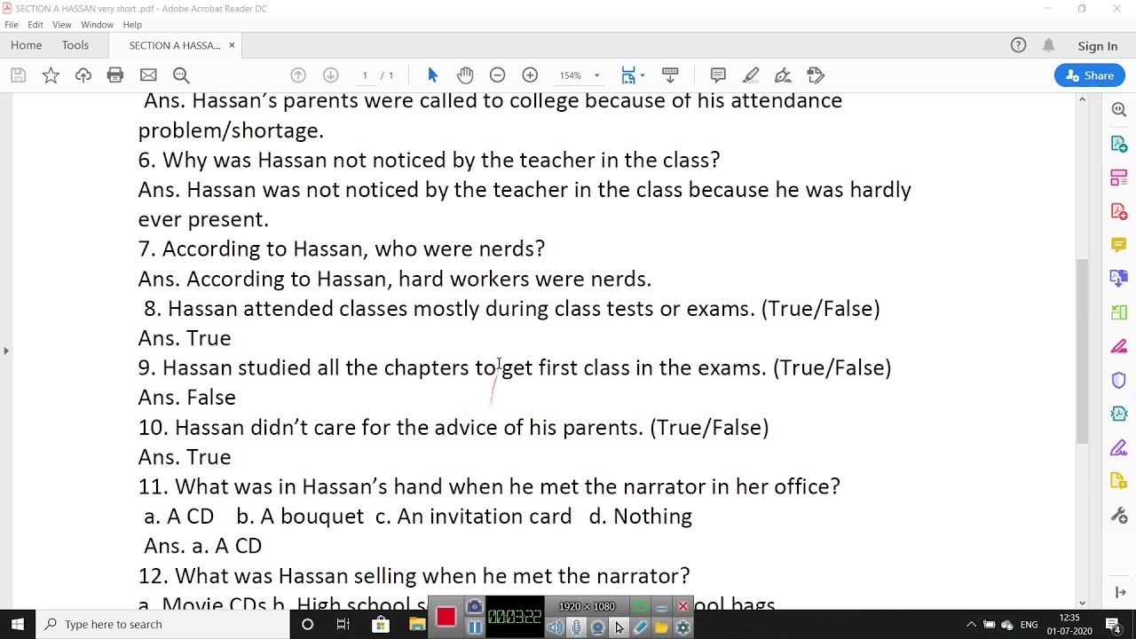 SHORT ANS TYPE QUESTIONS HASSAN'S ATTENDANCE PROBLEM - YouTube