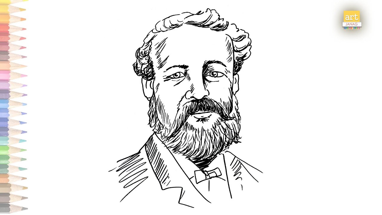 Jules Verne drawing easy | How to draw Jules Verne drawing step by step ...