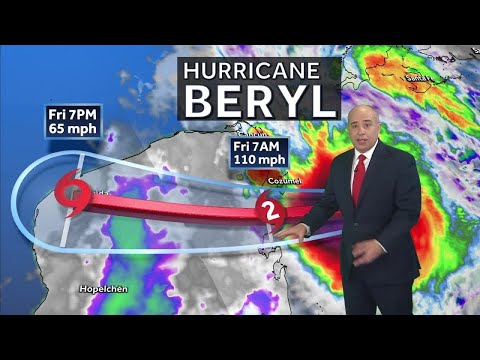 Beryl back to Major Category 3 status as it races toward the Yucatan Peninsula near Cozumel on Fr...