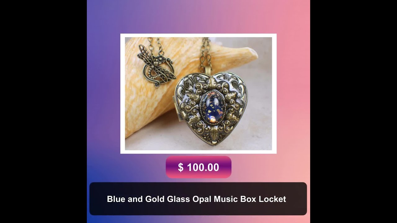 Blue and Gold Glass Opal Music Box Locket - YouTube