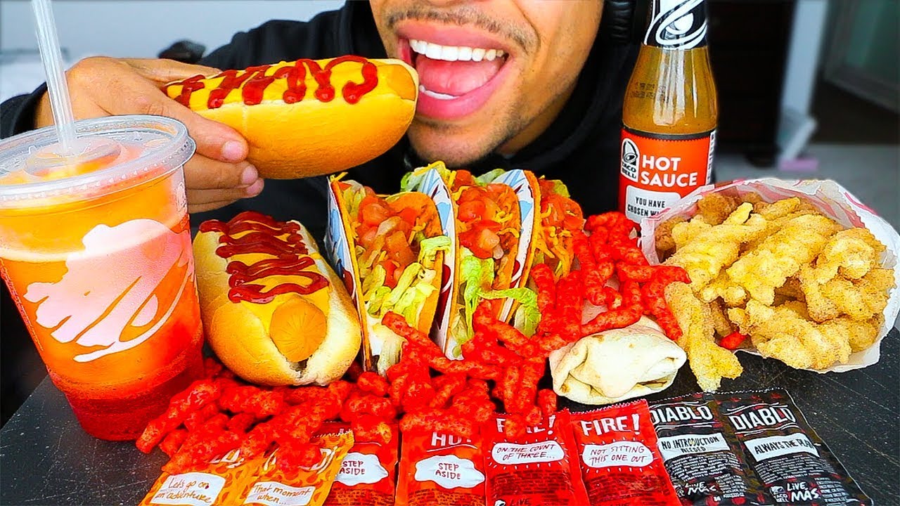 ASMR TACO BELL CHEESY HOT DOG MUKBANG HOT CHEETOS TACOS CHERRY SUNSET ...