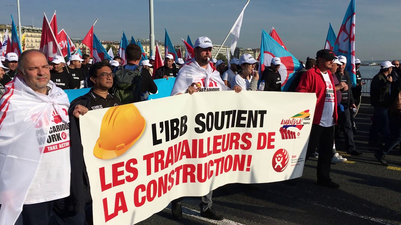BWI supports bricklayers on strike in Geneva Switzerland - YouTube