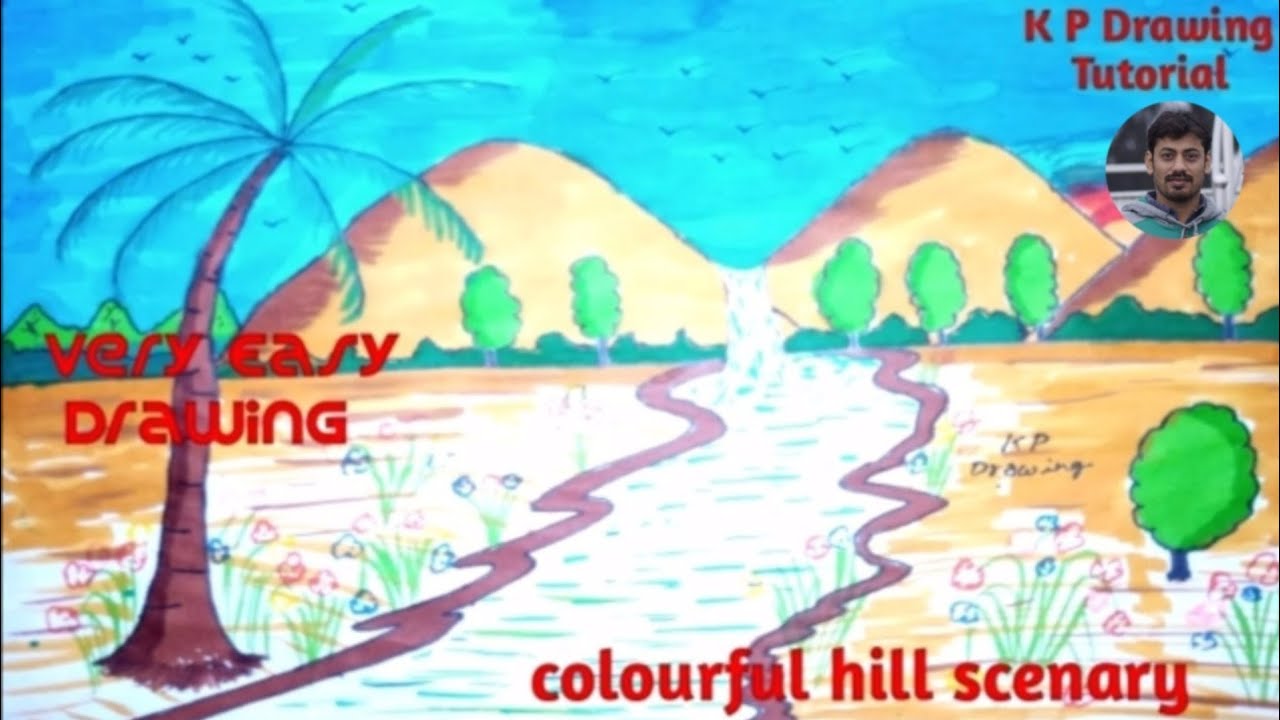 How to draw colourful hill scenary | How to draw colourful hill scenery ...