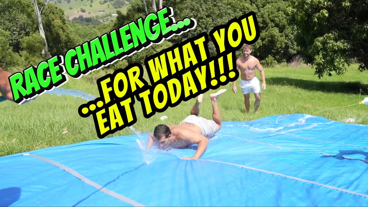 Slip and Slide Challenge 👉 Race for Food ... between Friends! - YouTube