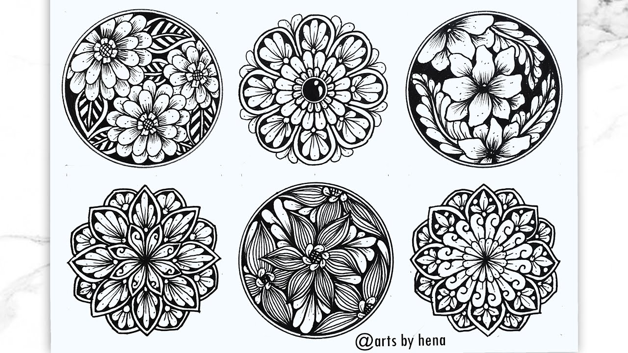 3 Beautiful Flower Zentangle With 3 Small Mandala | Zentangle Art ...