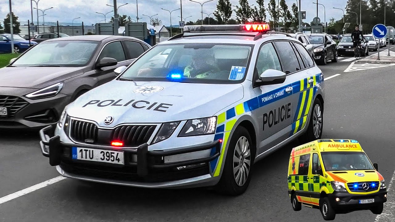 *Red & Blue* Czech Police Cruiser + Ambulance responding on lights and ...