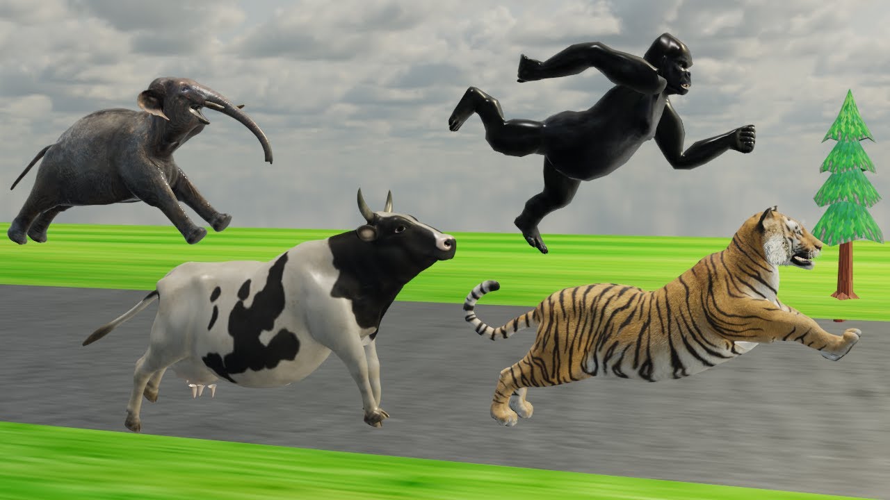 Wild Animals Run Race Challenge with Gorilla cow Tiger lion Mammoth ...