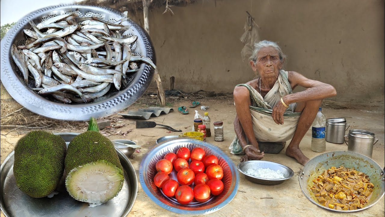 Village poor widow Grandma cooking BASPATA FISH with JACKFRUIT & tomato ...