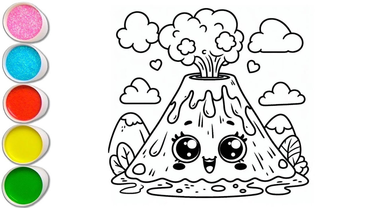 Drawing & Coloring Cute Volcano 🌋⚡🌋🪙🔥🔥Drawing for kids | Let's Draw ...