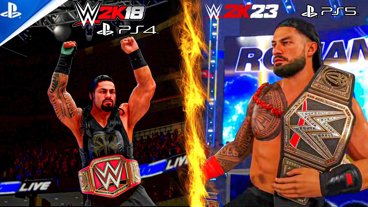 WWE 2K18 vs WWE 2K23 Roman Reigns Double Title Entrance Comparison! PS5 ...