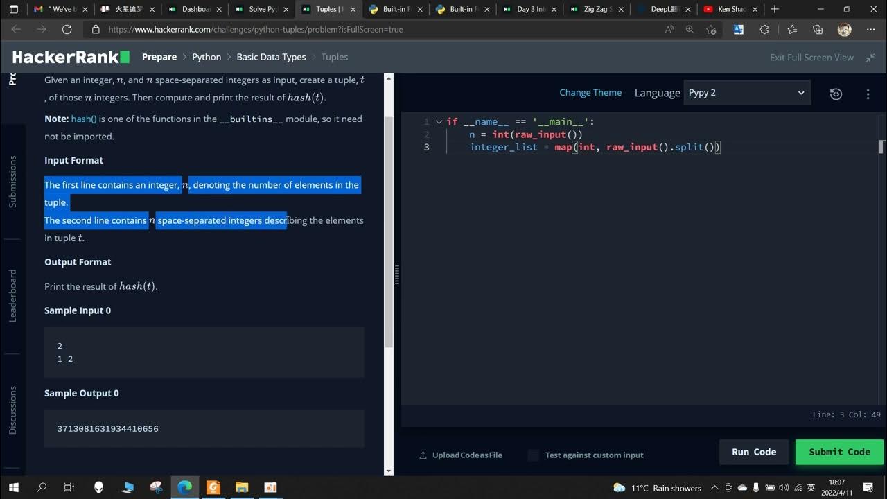 How to solve Hacker Rank Challenge Tuples in Python - YouTube