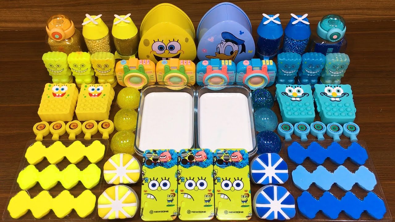 YELLOW vs BLUE ! Mixing random into GLOSSY SLIME ! Satisfying Slime ...