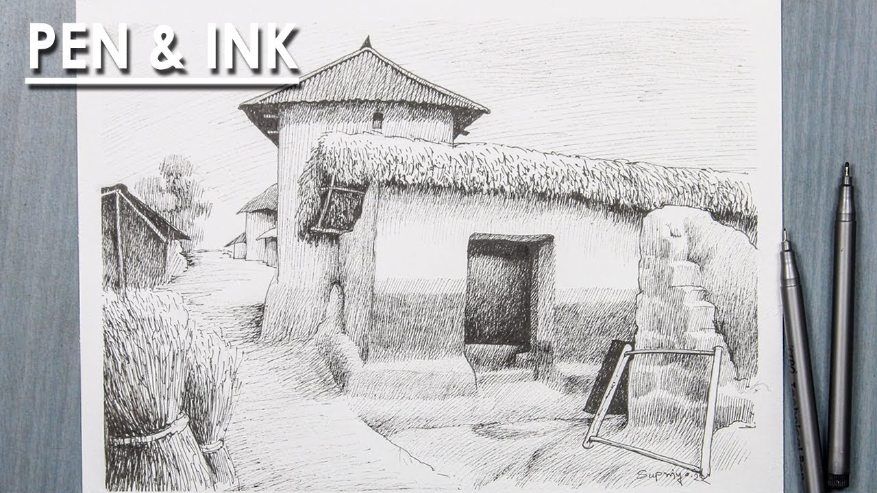 Pen and Ink Sketching : Village Scene Composition | steps to follow ...