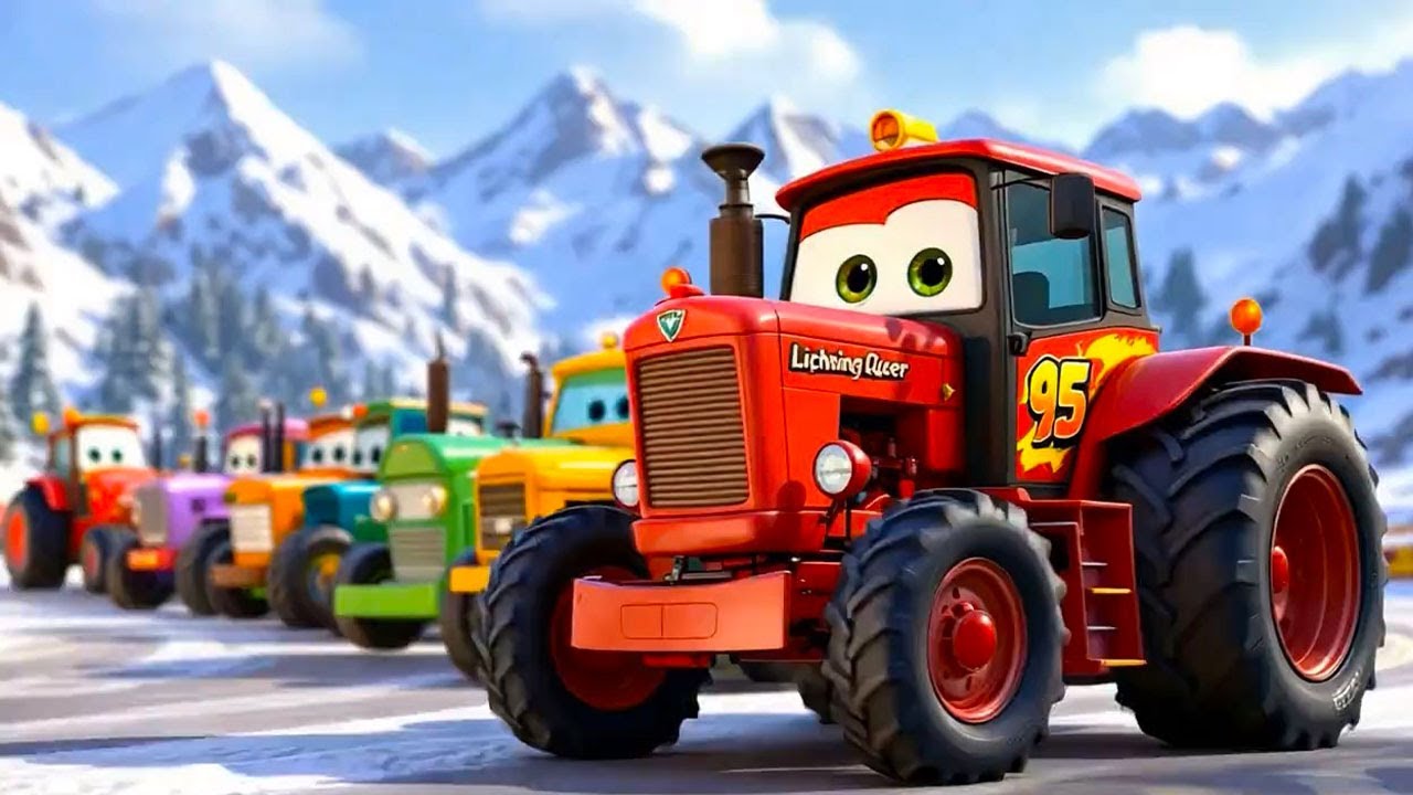 Tractor Lightning McQueen and Colorful Tractors Race in Snowy Mountains ...