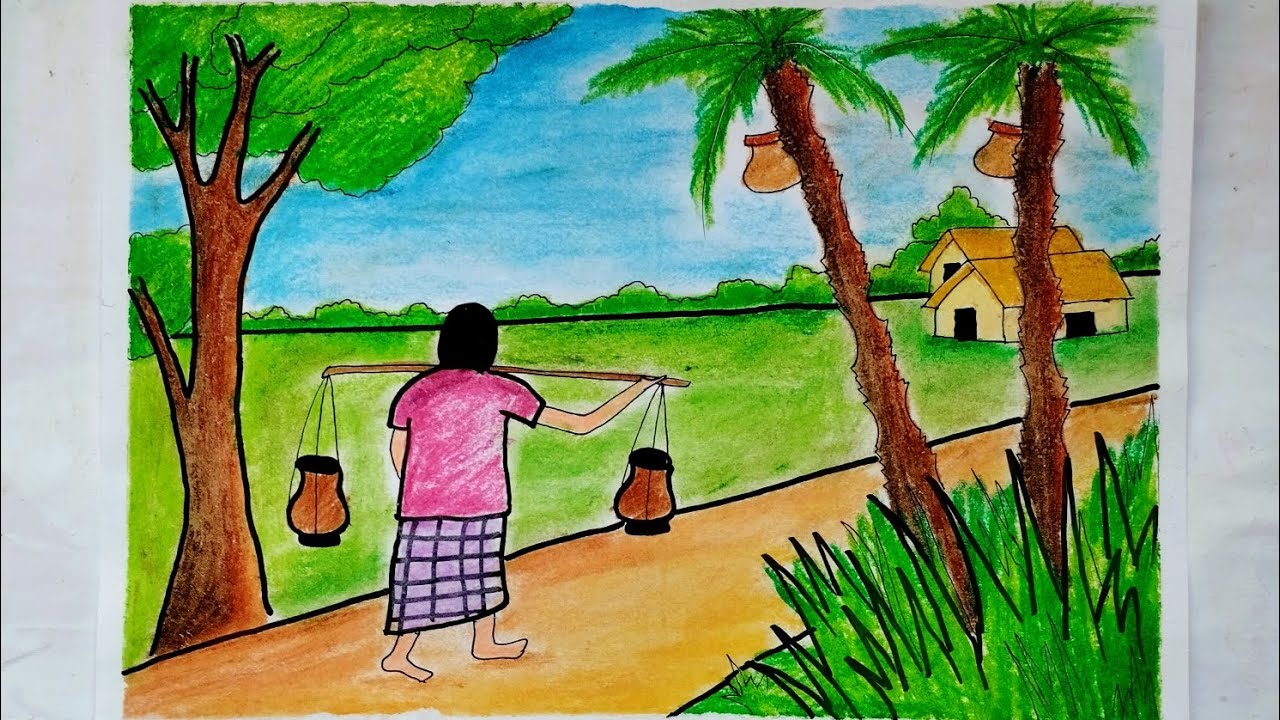 How To Draw A Scenery Of Winter Season| Easy Landscape With Oil Pastel ...