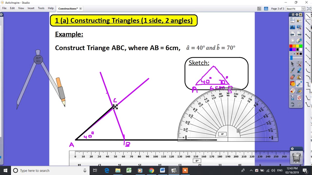 Constructing Triangles 1 side, 2 angles - YouTube