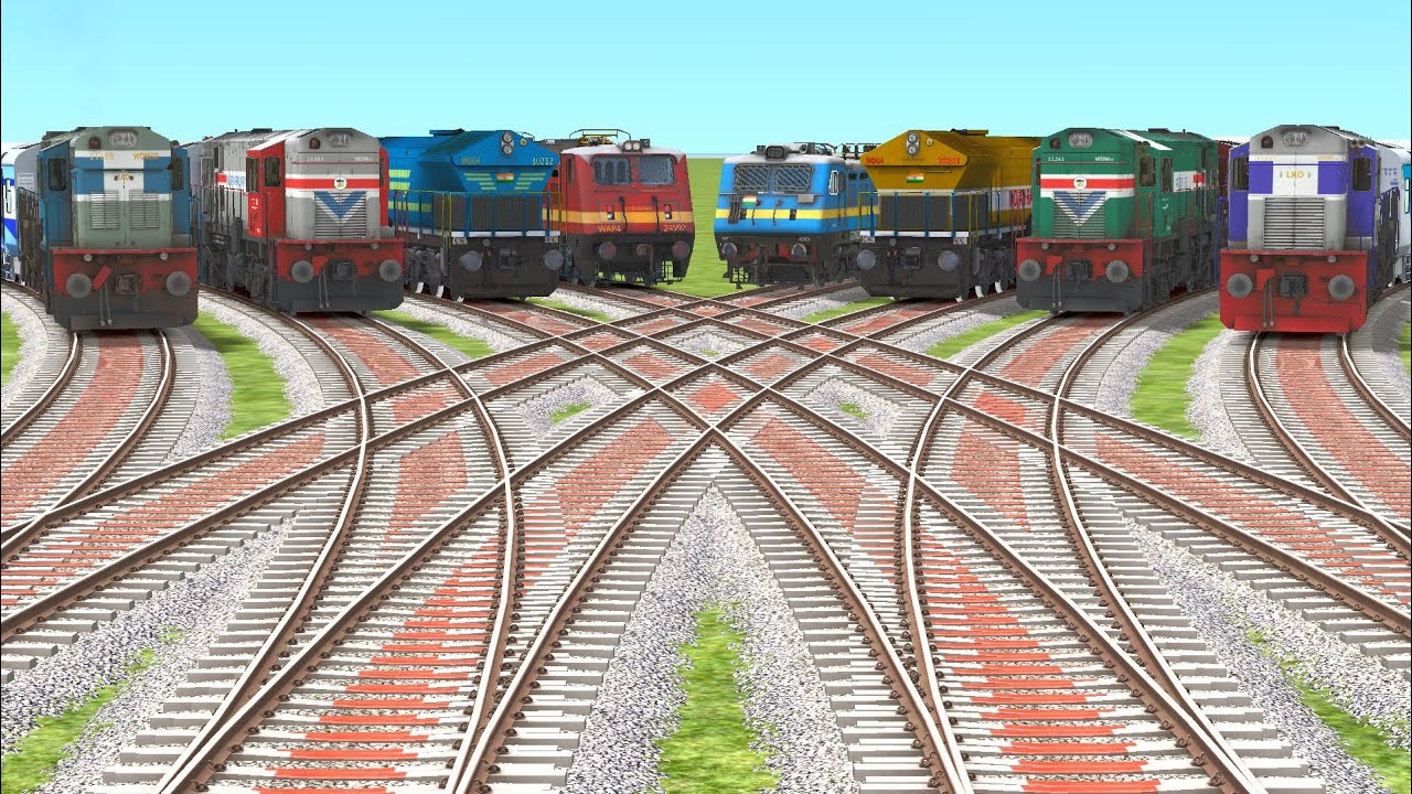 8 TRAIN CROSSING ON A SHAPE CURVED RAILROAD | Diesel Train | Forked ...