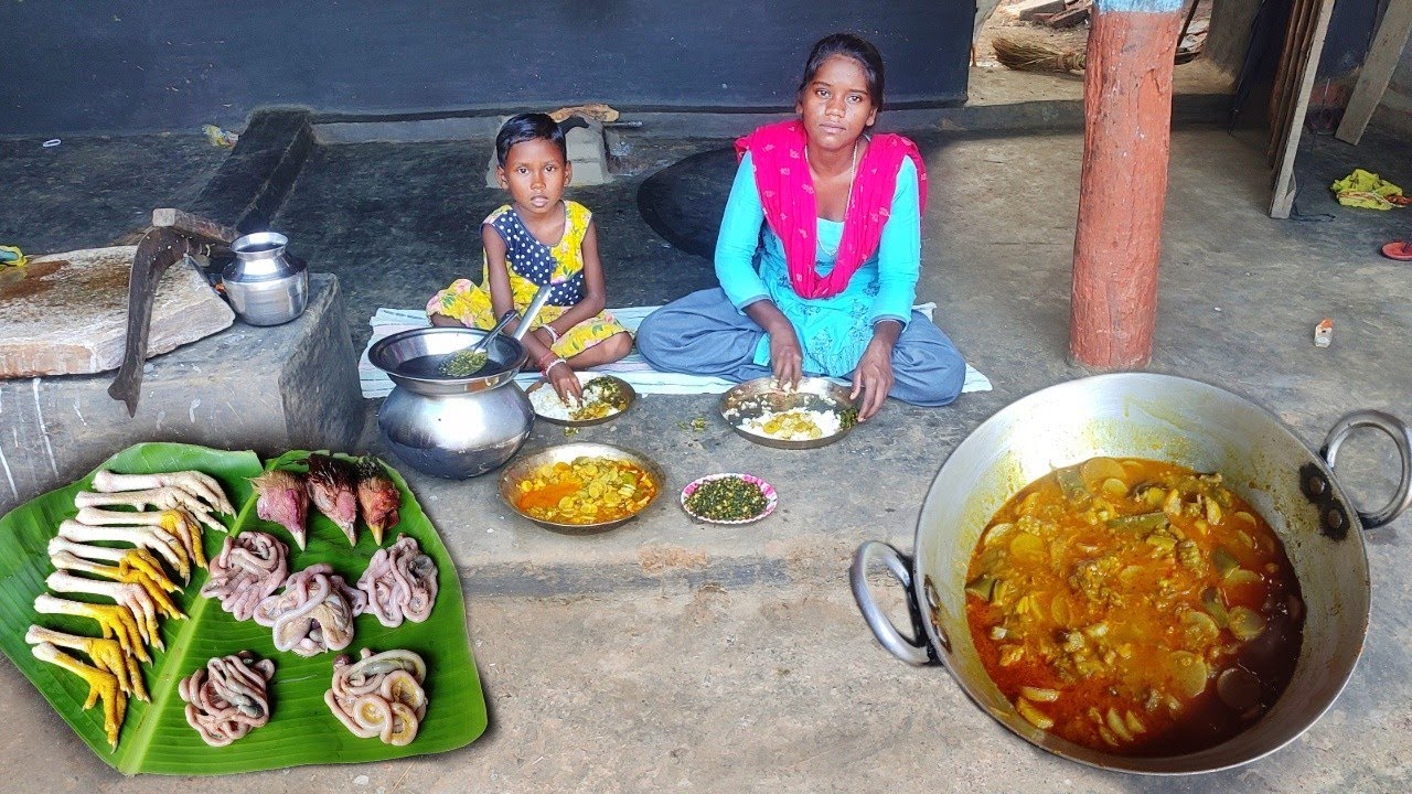 chicken spare parts masala curry cooking&eating by santali tribal ...