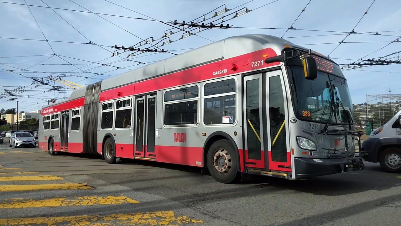 SF Muni New Flyer XT60 7271 on Route 49, Siemens LRVs 2068, 2080, and ...
