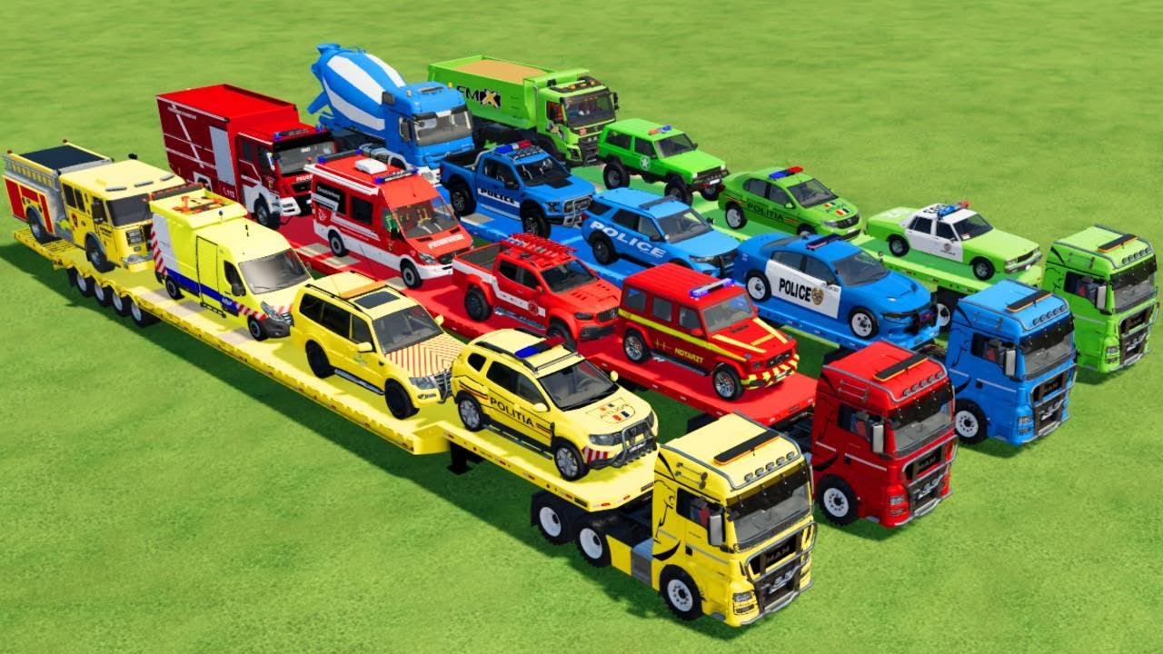 TRANSPORTING ALL POLICE CARS, AMBULANCE, FIRE TRUCK, COLORFUL CARS WITH ...