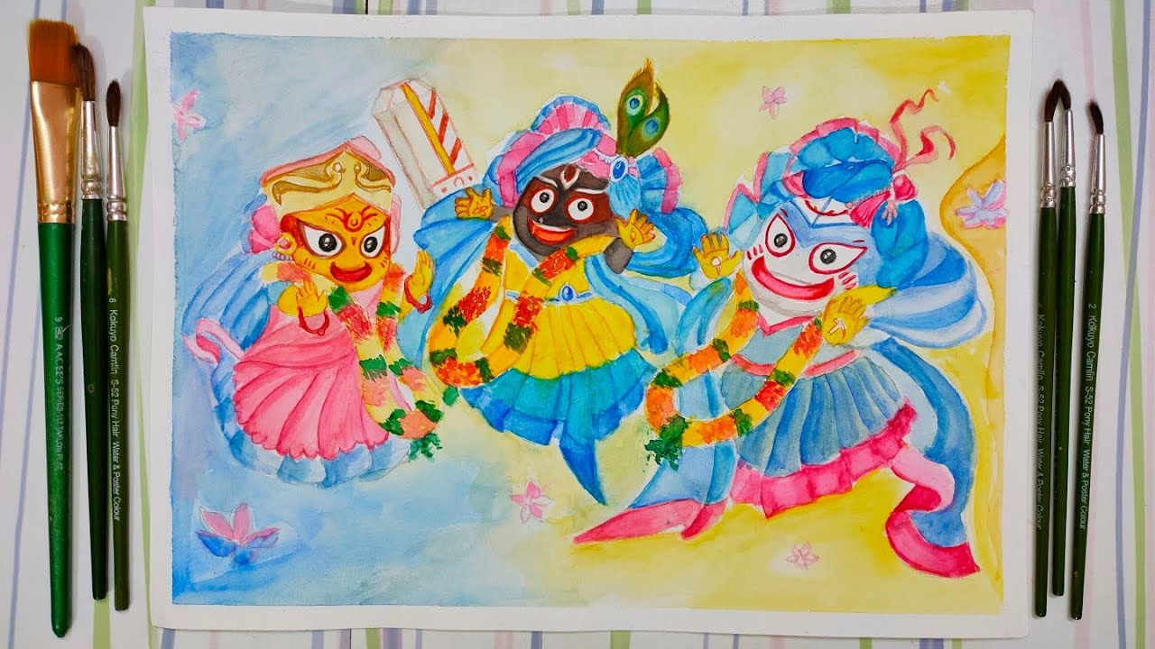 Watercolor Painting of Jagannath, Baladeva, and Subhadra, Deity Art ...